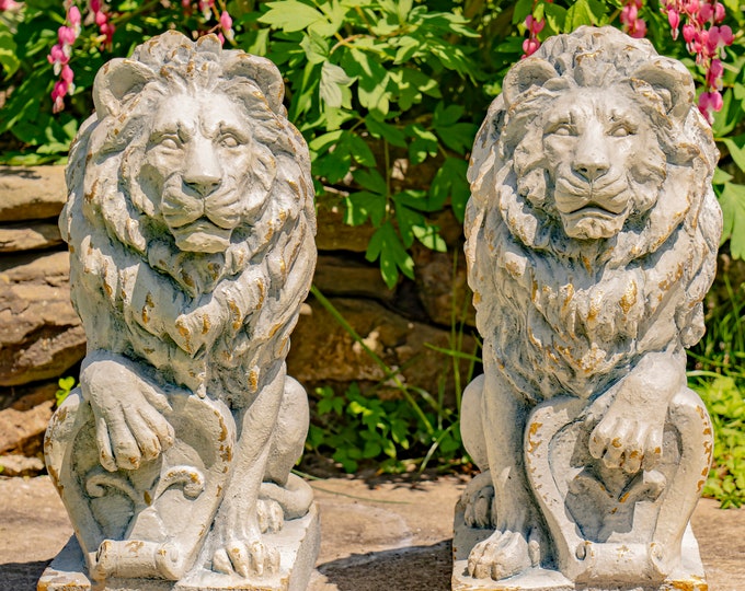 Lion Statue Pair, Concrete Lion on Finial, Cement Statue, Lawn Garden ...