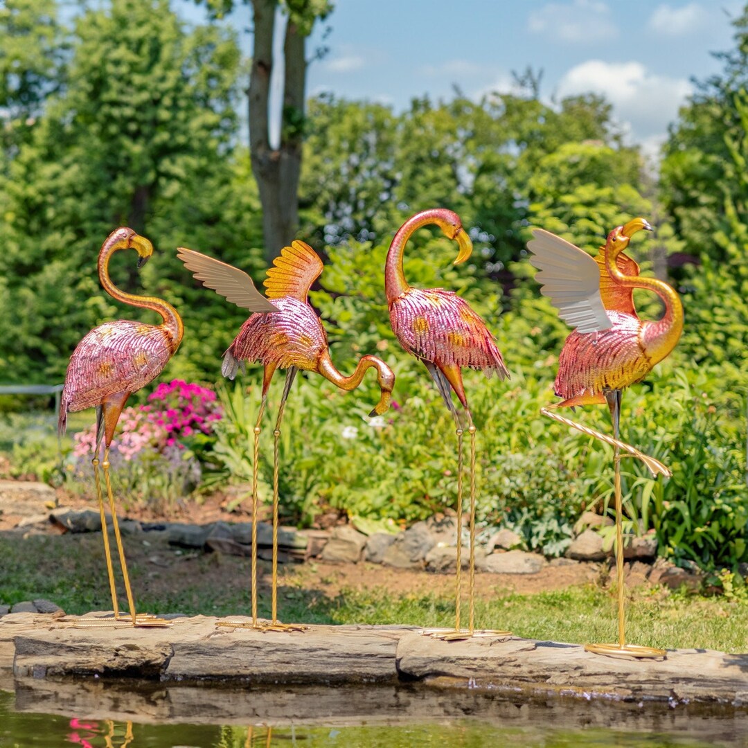 Set of 4 42" Tall Metallic Pink Iron Flamingo Outdoor Decorations - Etsy