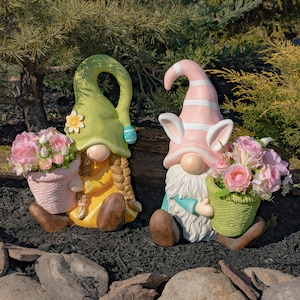 20" Tall Spring Garden Gnome Sitting With Flower Basket in Assorted ...