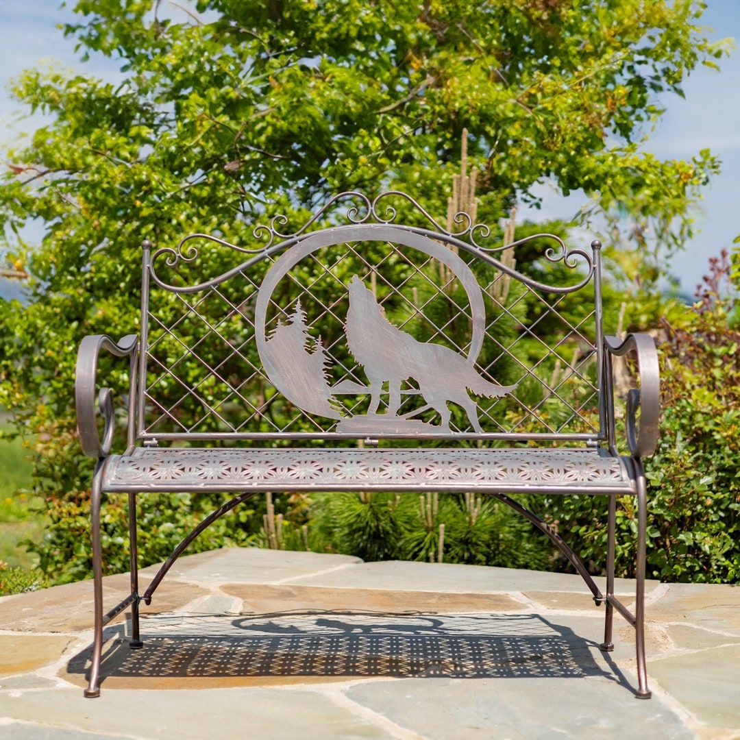 Classic Iron Garden Bench With Howling Wolf and Moon Silhouette ...
