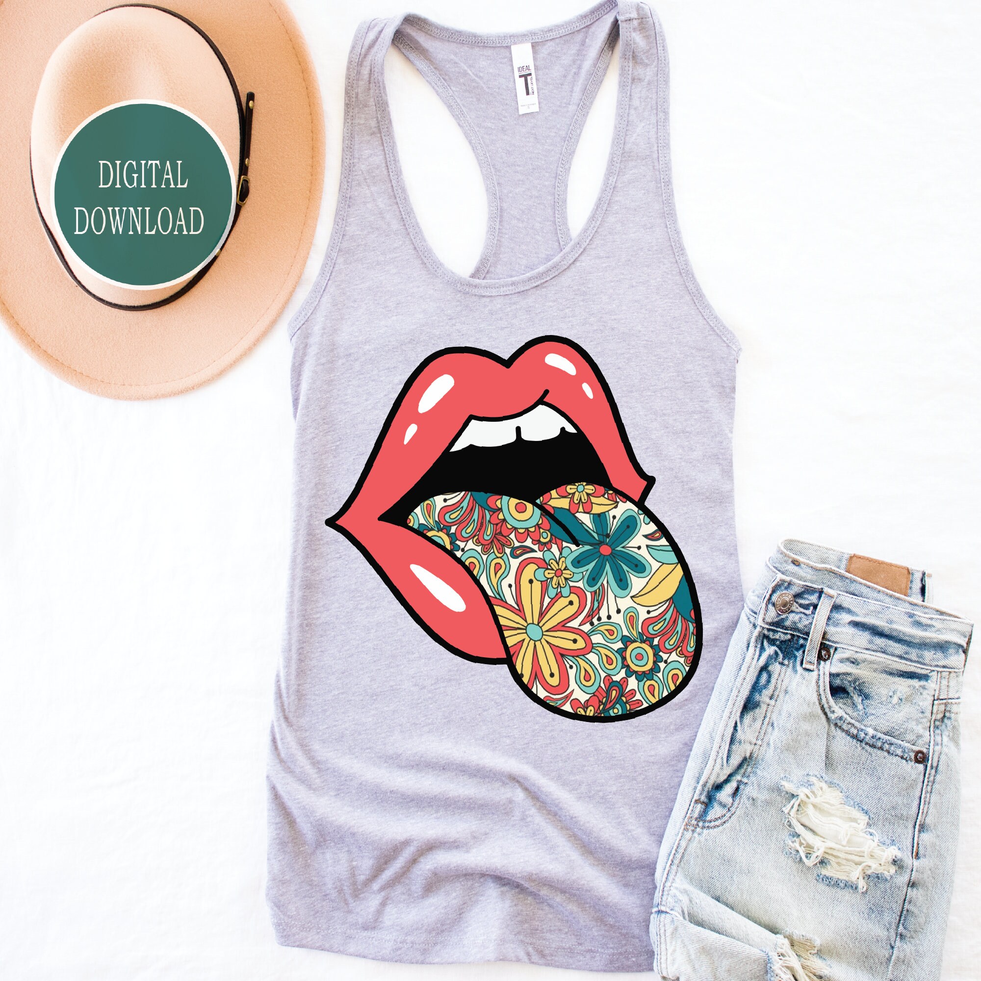 Boho Flower Lips PNG Rock N Roll Tongue PNG Retro - Etsy