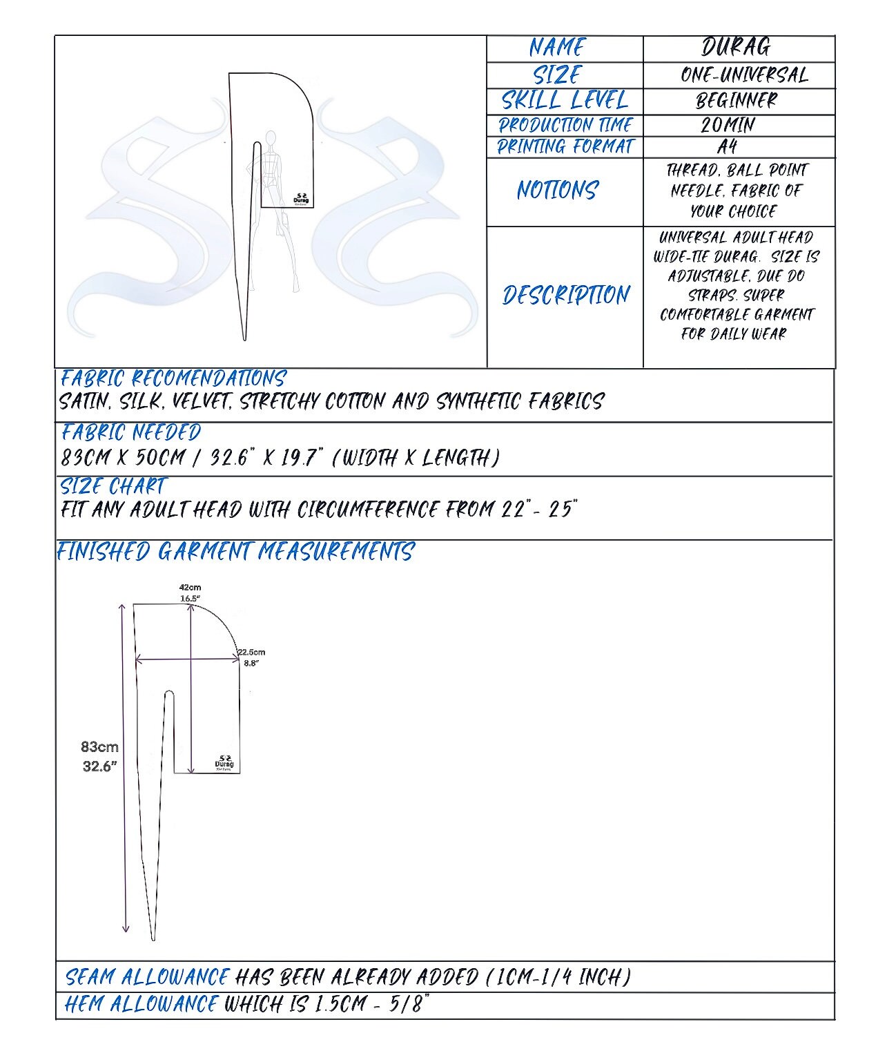 Unisex Simple Durag Sewing Digital Pdf Pattern Head Garment - Etsy