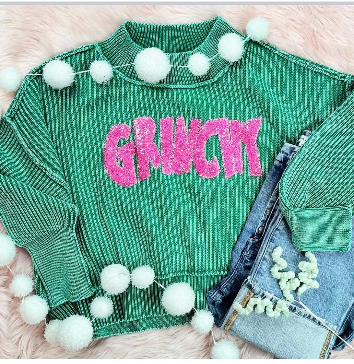 Sequin Pink Grinchy Patch on Ribbed Oversized Cropped Kelly Green Sweater - Etsy