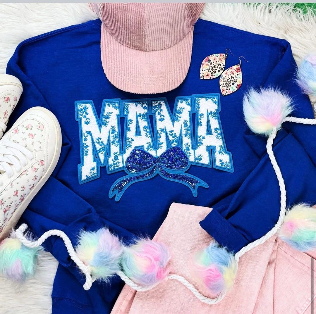 MAMA Blue Floral Chenille and Sequin Bow Patch on Sweatshirt - Etsy