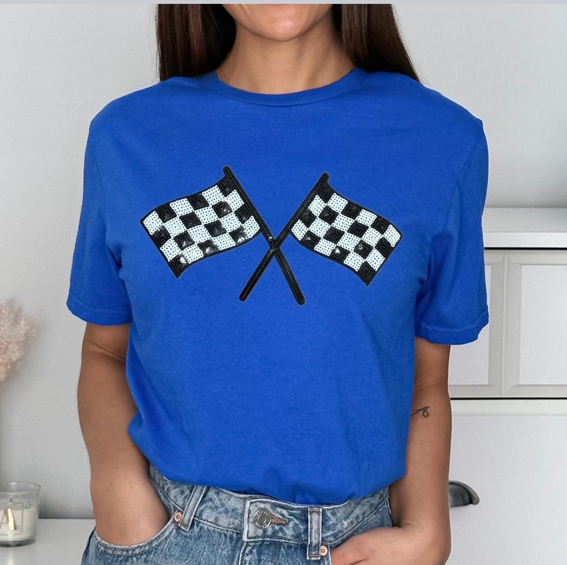 Sequin Black and White Checkered Racing Flag Tee - Etsy
