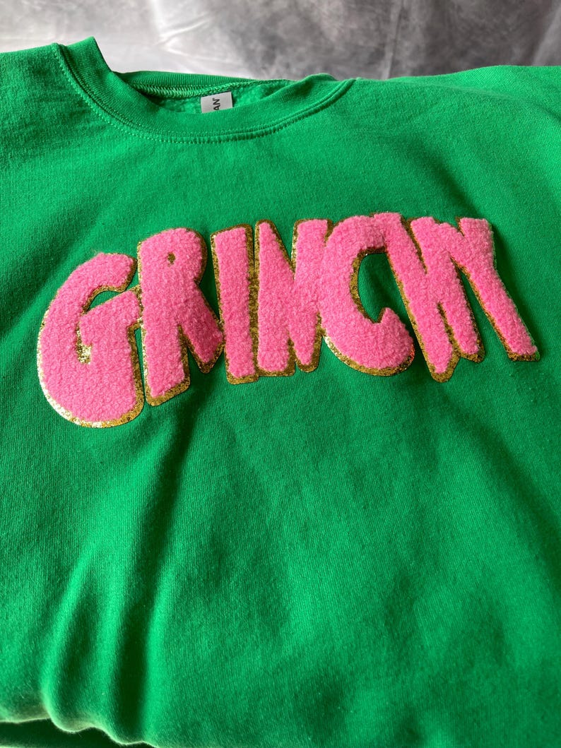 Pink Grinchy Chenille With Gold Glitter Outline Patch Sweatshirt - Etsy