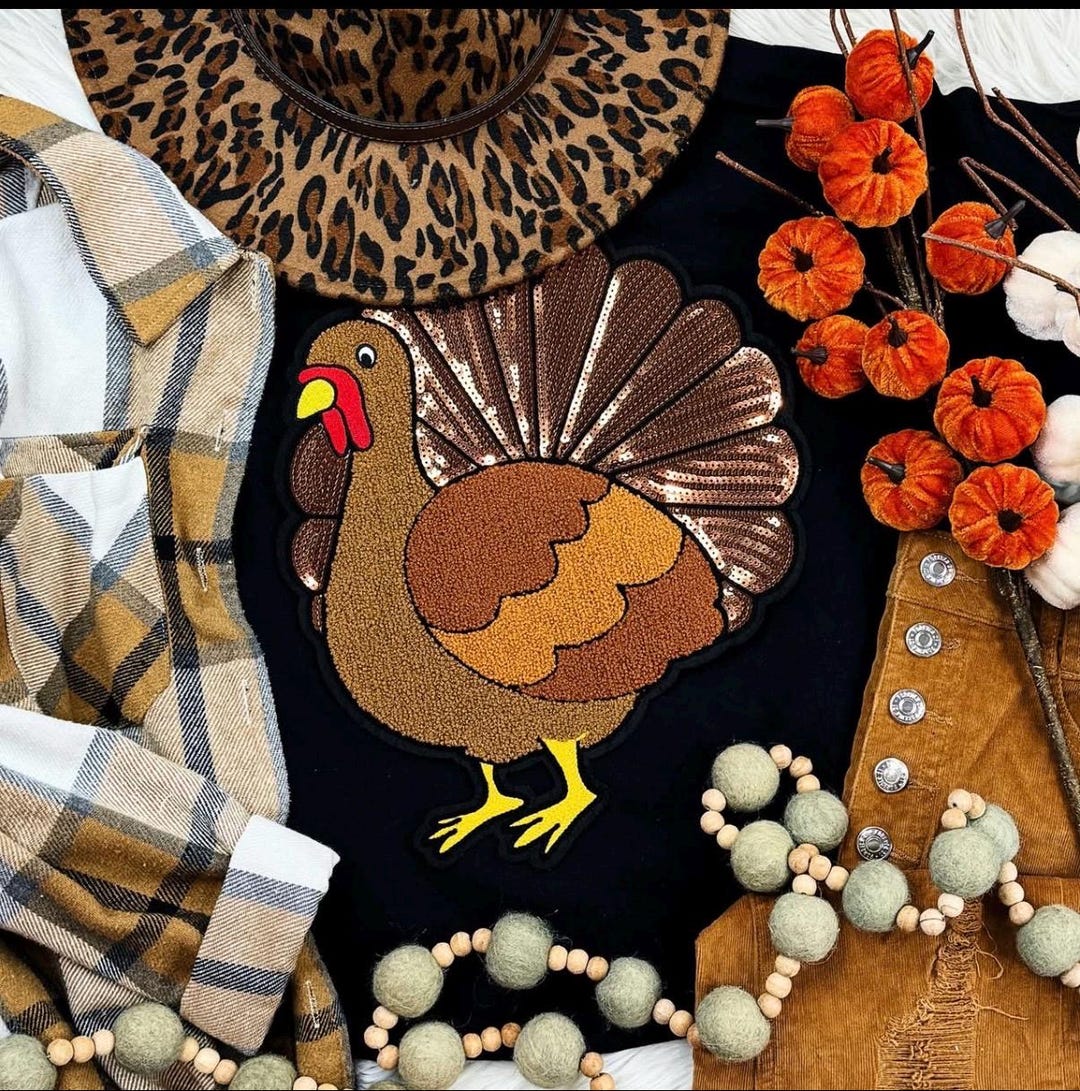 Sequin Brown Tail Turkey Chenille Body Patch Thanksgiving Tshirt - Etsy