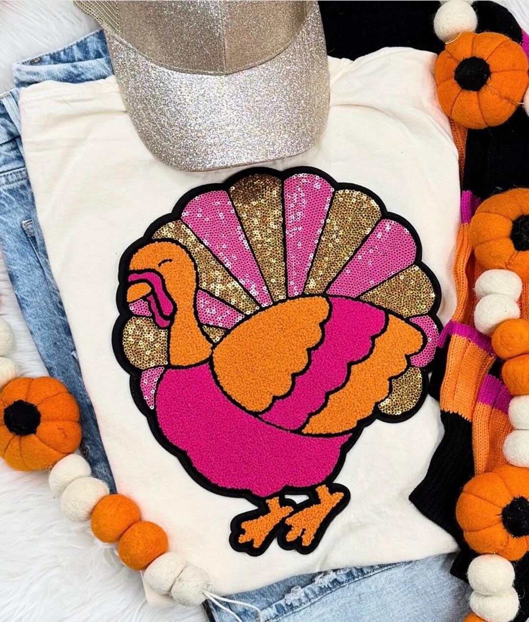 Sequin Pink and Gold Tail Turkey Chenille Body Patch Thanksgiving ...