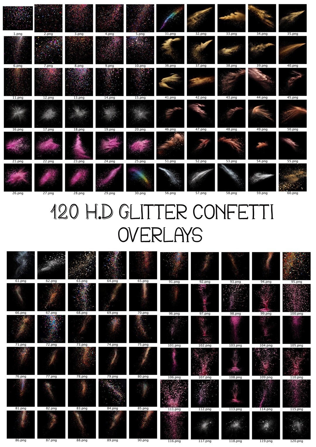 120 Gold Silver Rainbow Pink Glitter Confetti Digital Overlays on Black ...