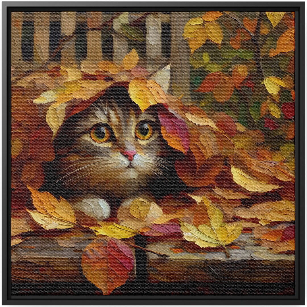 Lykoi Cat Gray Whiskers Autumn Leaves Garden Scene Oil Painting Canvas ...