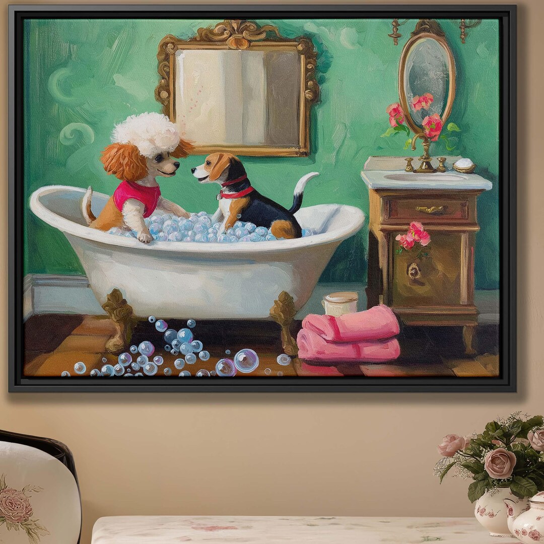 Vintage Bath Time Dog Art Poodle Beagle Oil Painting Charming Animal ...