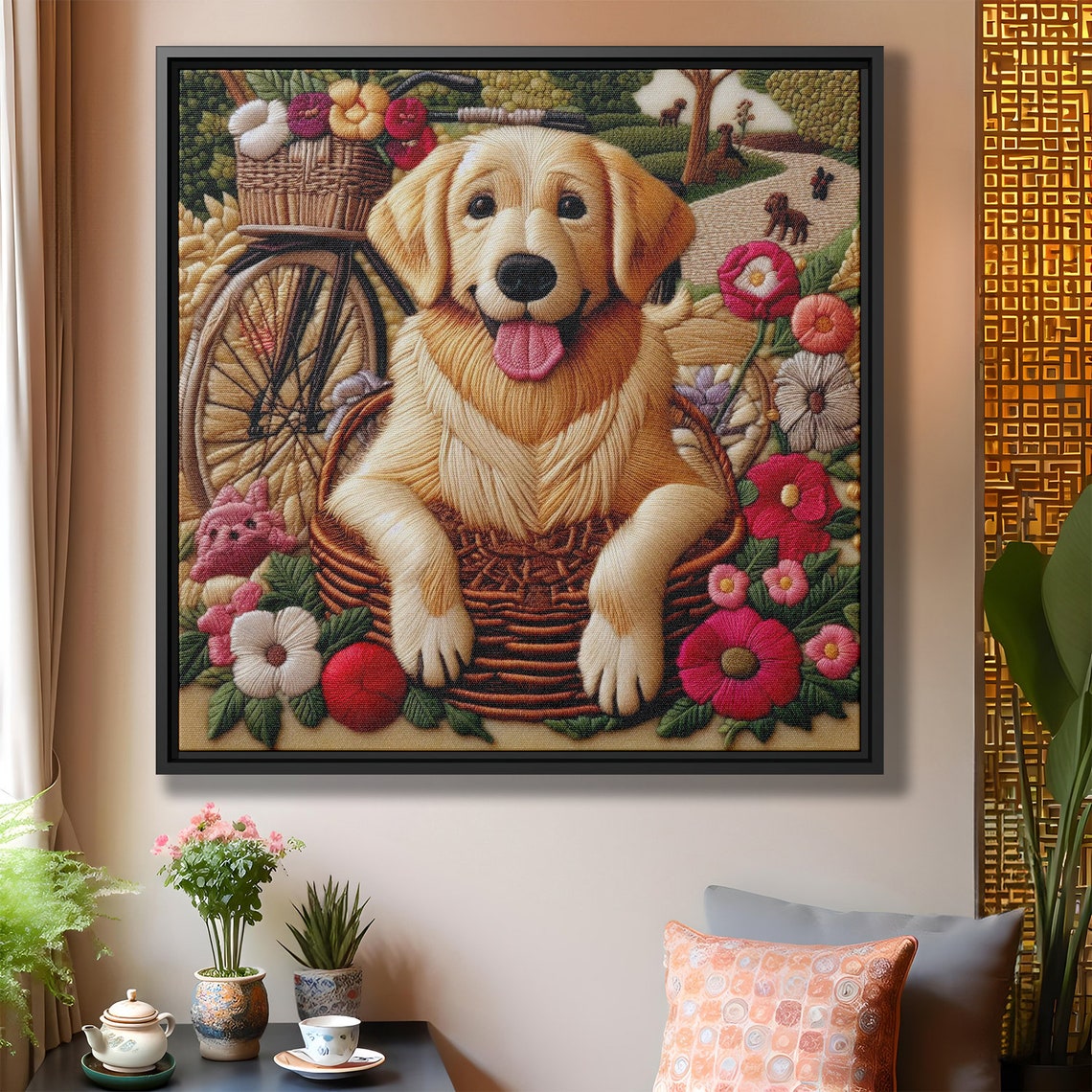 Dog Portrait Wall Art Embroidery Canvas Print Golden Retriever Painting ...
