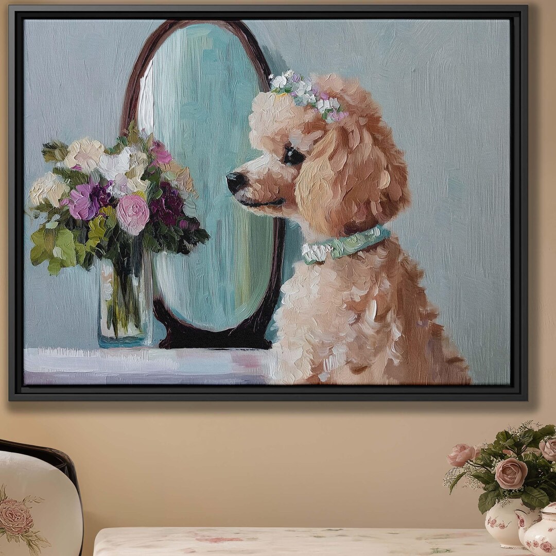 Elegant Poodle Art | Fluffy Cream Poodle Portrait | Vintage Mirror Dog ...