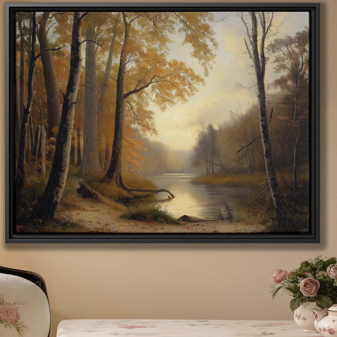 Autumn Forest River Art | Woodland Landscape Oil Painting | Rustic ...