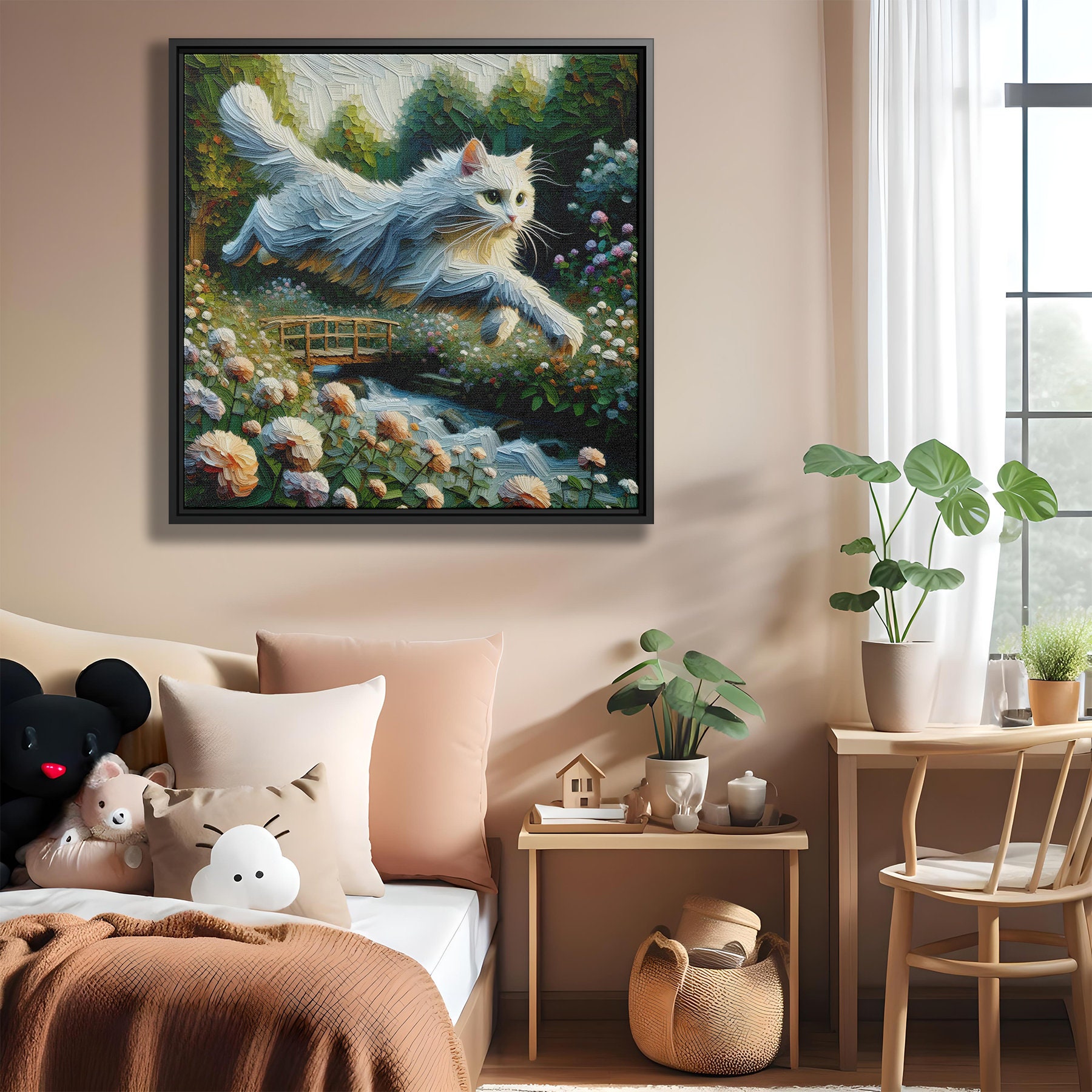 White Savannah Leap Cat Wall Art Decor Gift Canvas Print Oil Painting Artwork Garden Floral ...