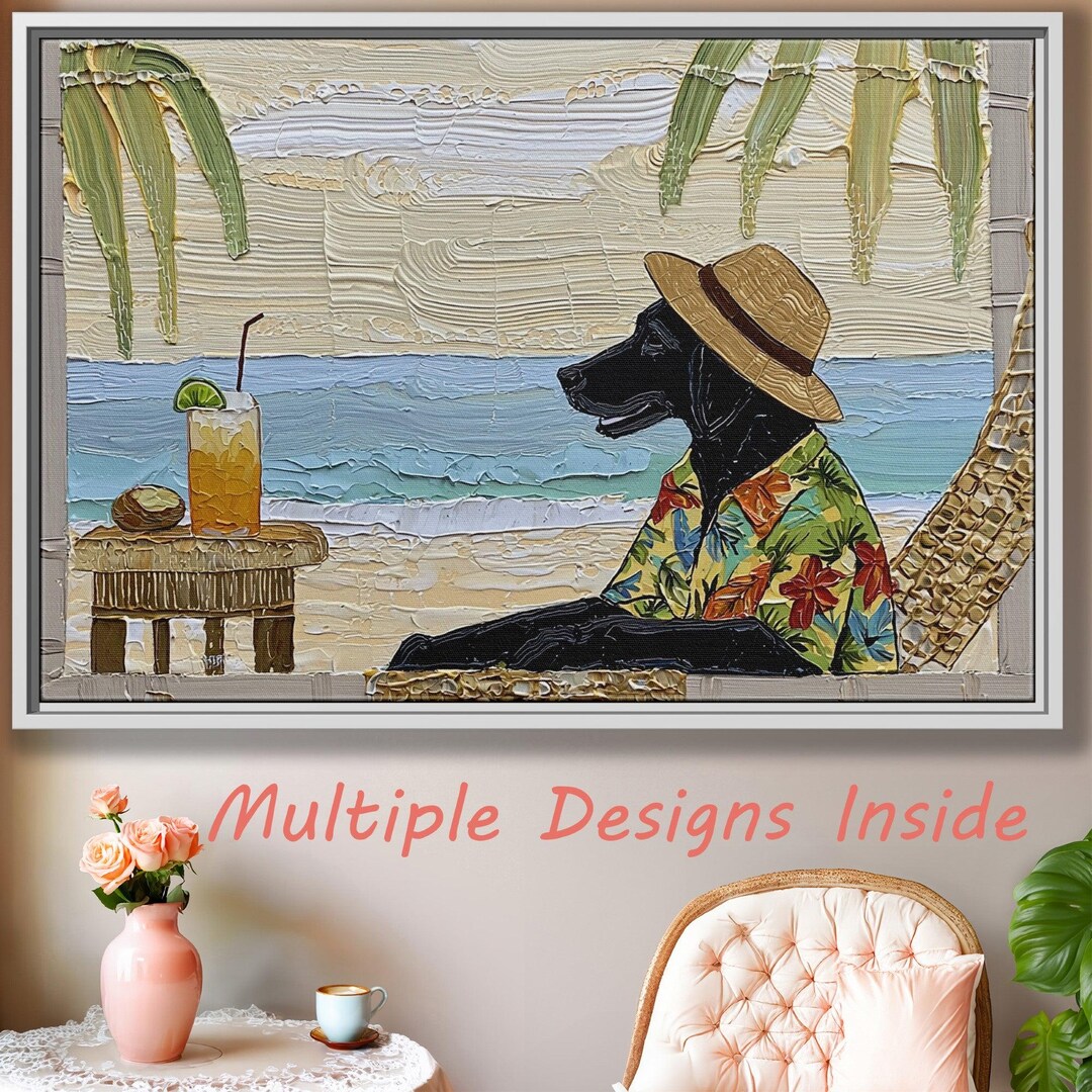 Tropical Beach Scene Black Labrador Dog Relaxing in Hawaiian Shirt Oil ...