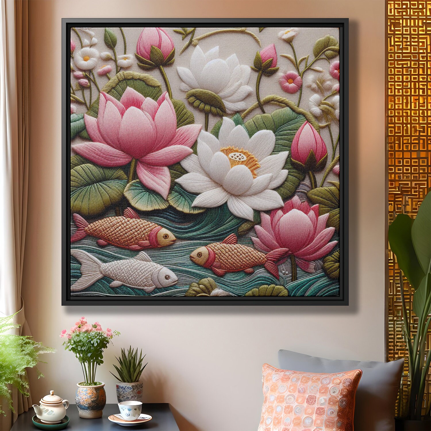Embroidery Canvas Print Wall Art Home Decor Unique Gift Chinese Painting Sewing Pattern Lotus ...