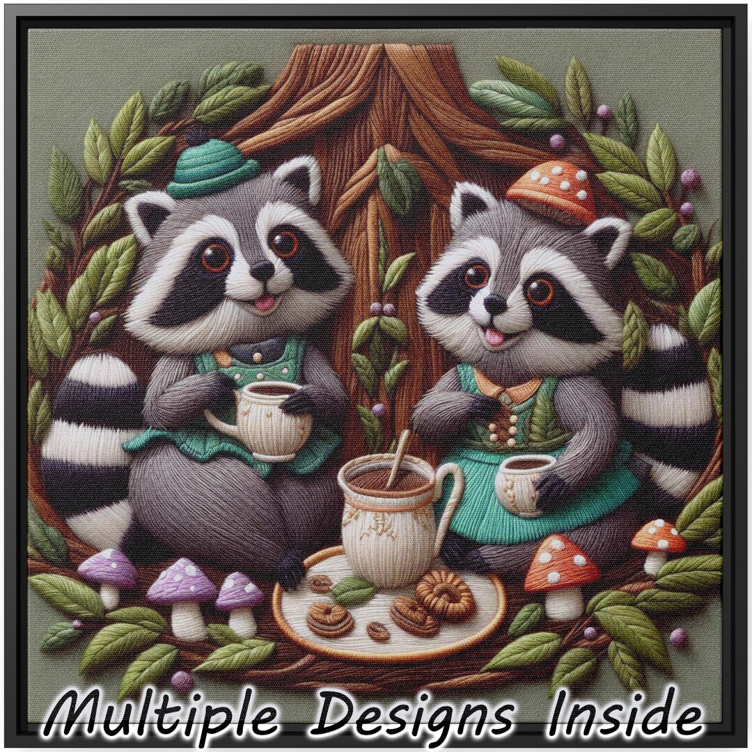 Raccoons Tea Party Artwork Canvas Print Cute Animal Embroidery Wall Art ...