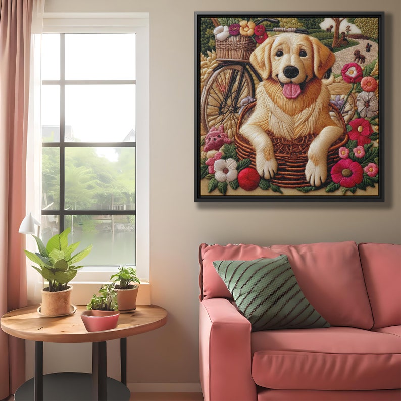 Dog Portrait Wall Art Embroidery Canvas Print Golden Retriever Painting ...