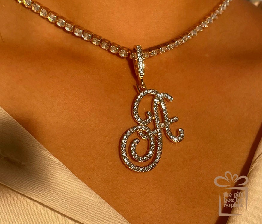 Personalized Initial Name Necklace Custom Cursive Letters Cubic