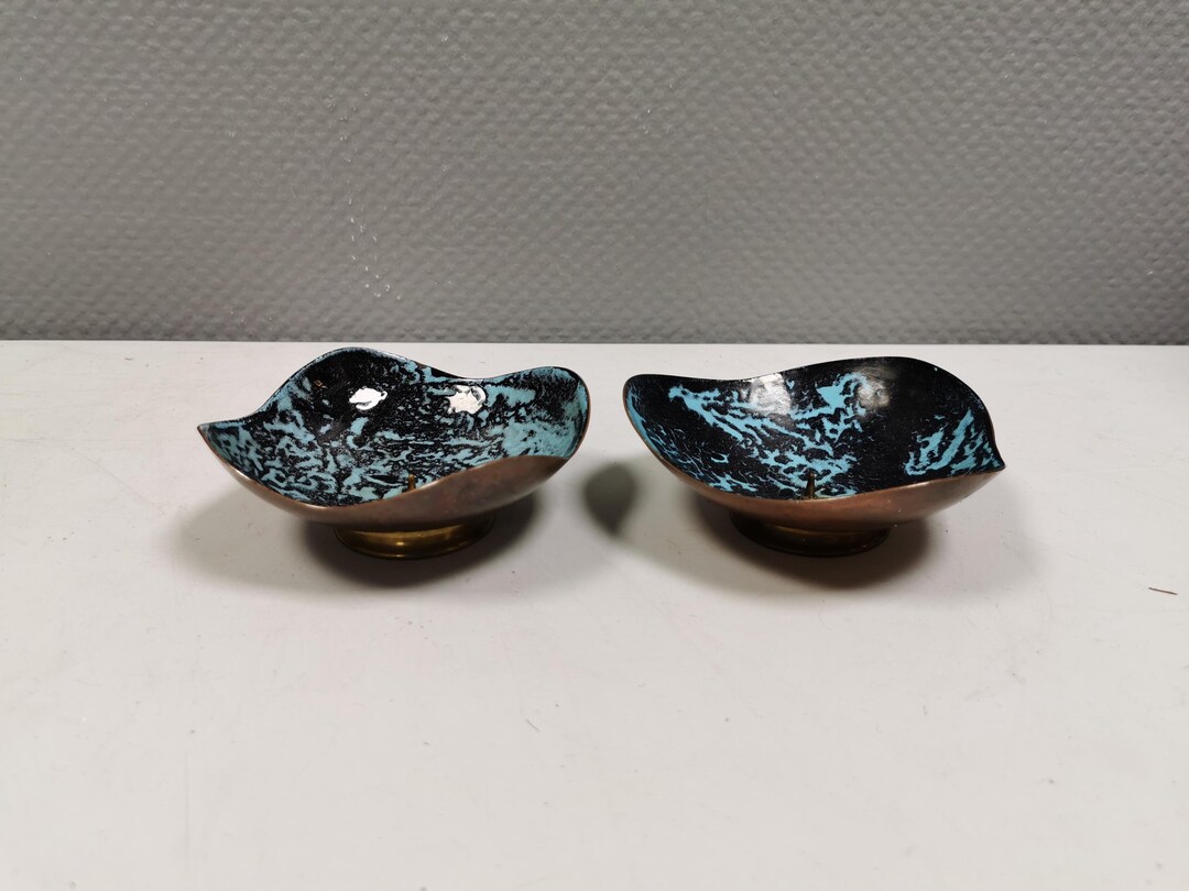 Danish Meka Copper Enamel Candlestick Set – Teal Black Decor - Etsy