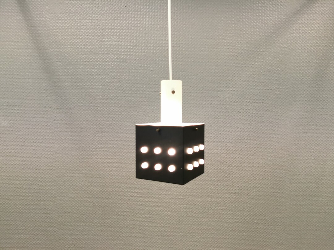 Old Space-age Square Hanging Lamp in White and Black Lacquered Metal ...