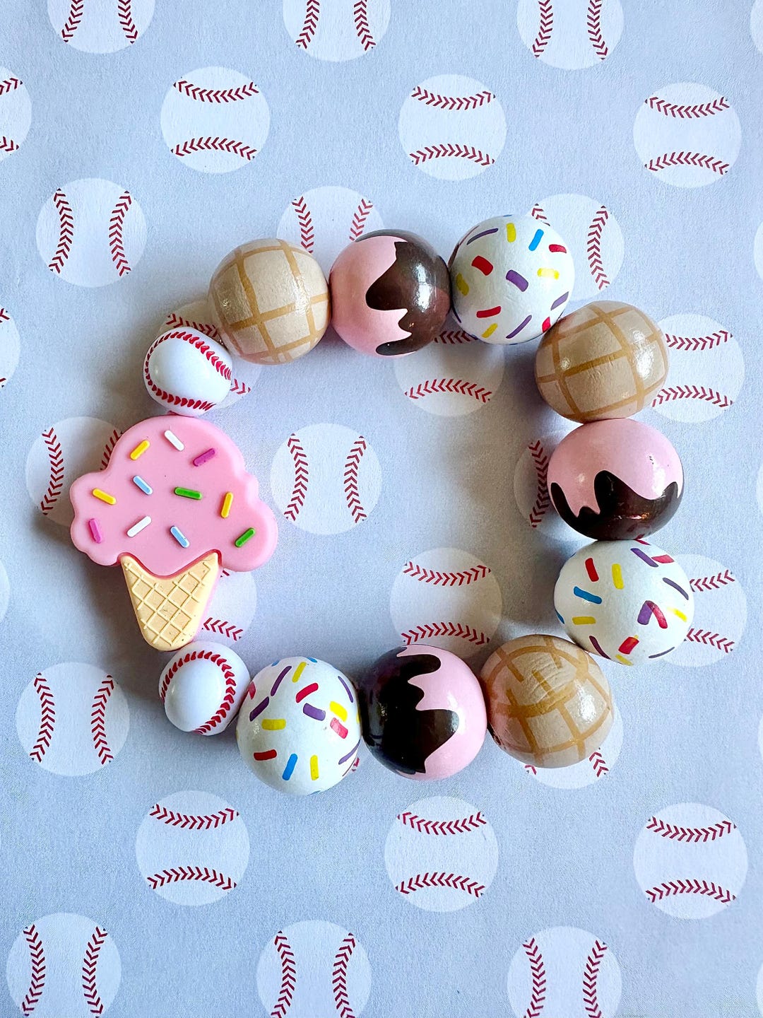 Baseball Drip Swag Ice Cream Sprinkle Cone Bracelet Beaded Stretch Wood ...