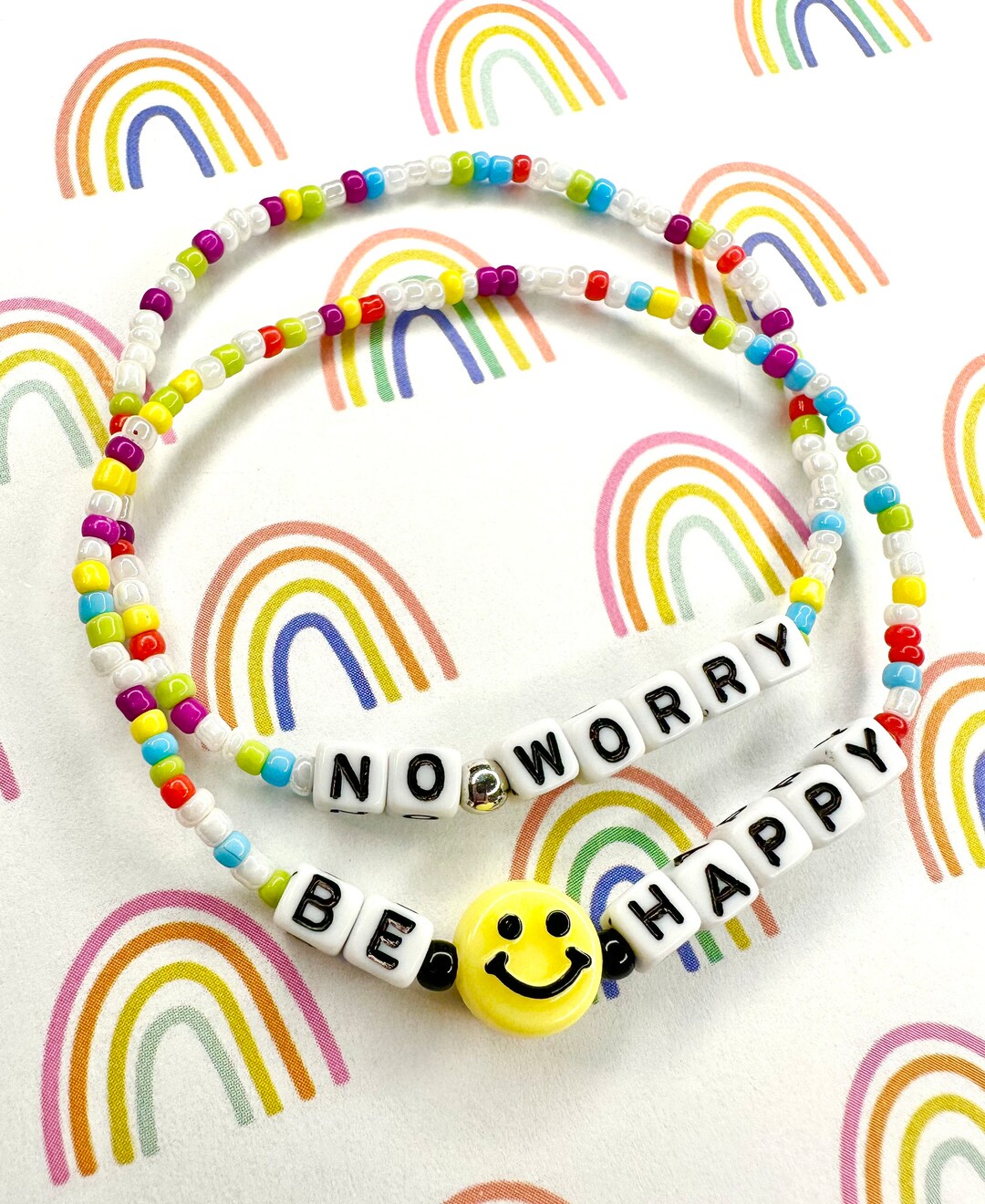 No Worry Be Happy Bracelets Seed Bead Smiley Face Small Word Quote ...