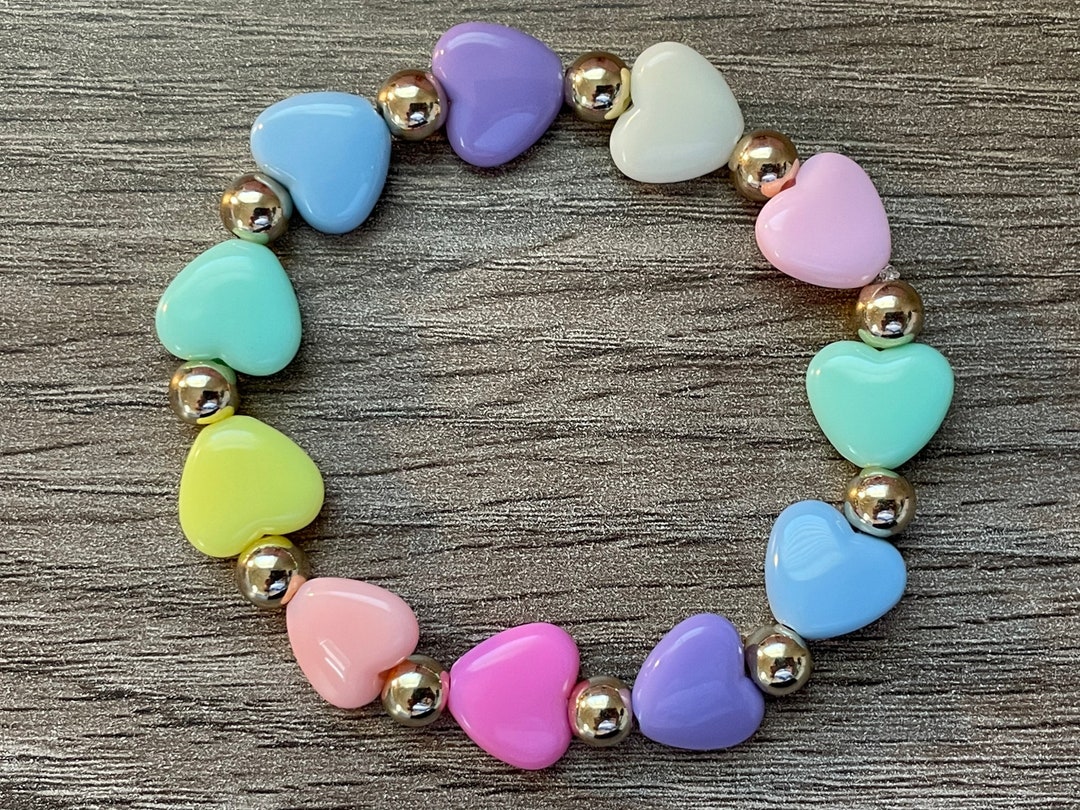 Pastel Hearts Bracelets Gold Colored Spacer Beaded Stretch Multicolored ...