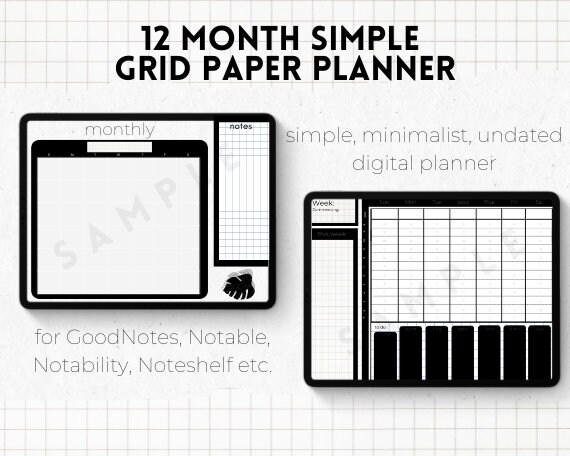 12 Month Minimalist Grid Graph Paper Undated Landscape Digital - Etsy