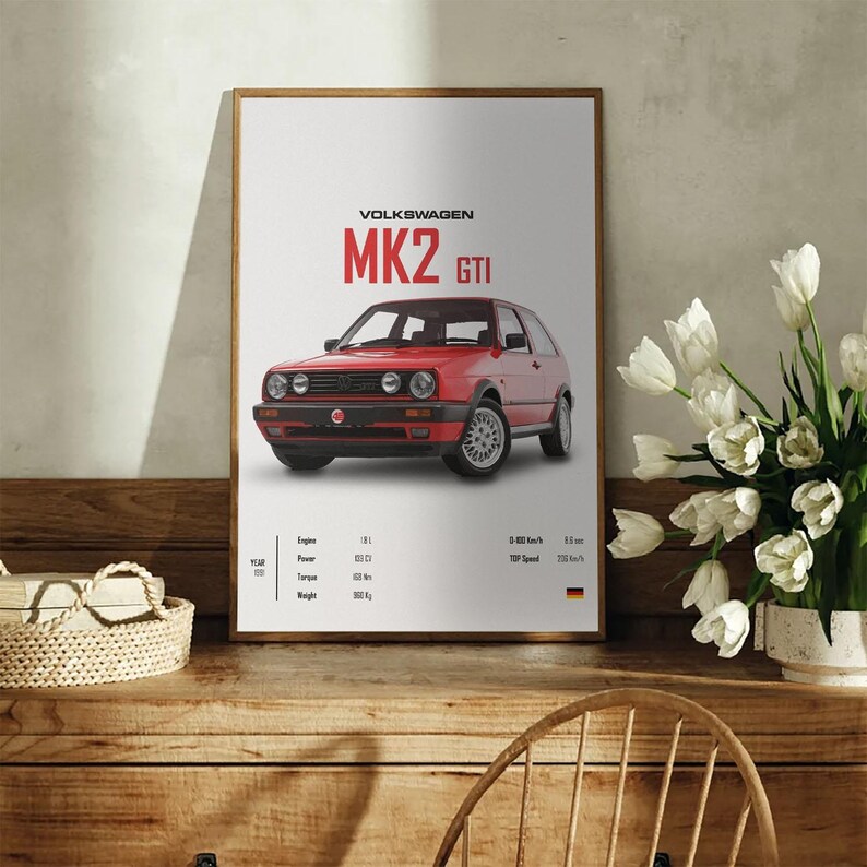 1991 Volkswagen Golf Mk2 Poster for Kids Boys Room Super Car Print Wall ...