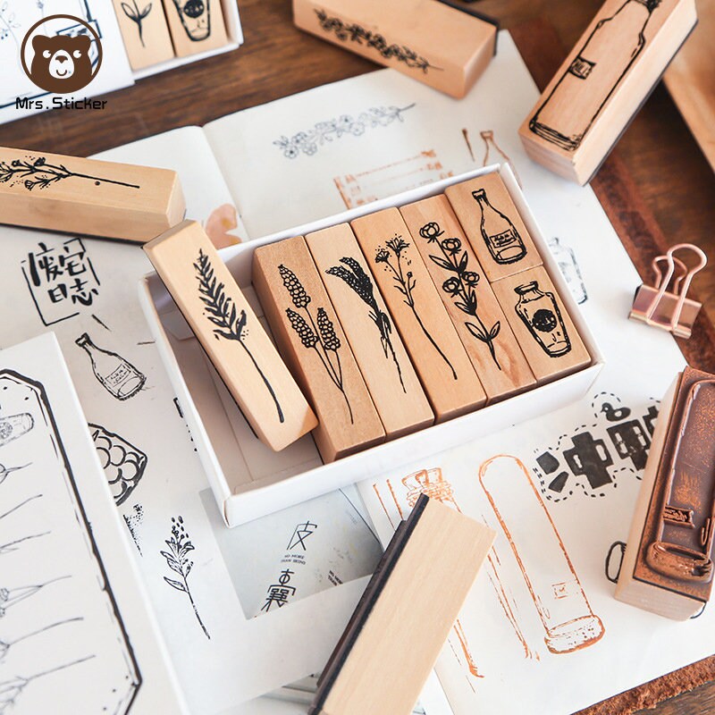 Herbarium Specimen Stamp Collection Set Flowers Stamp Icon Herbs Wooden ...