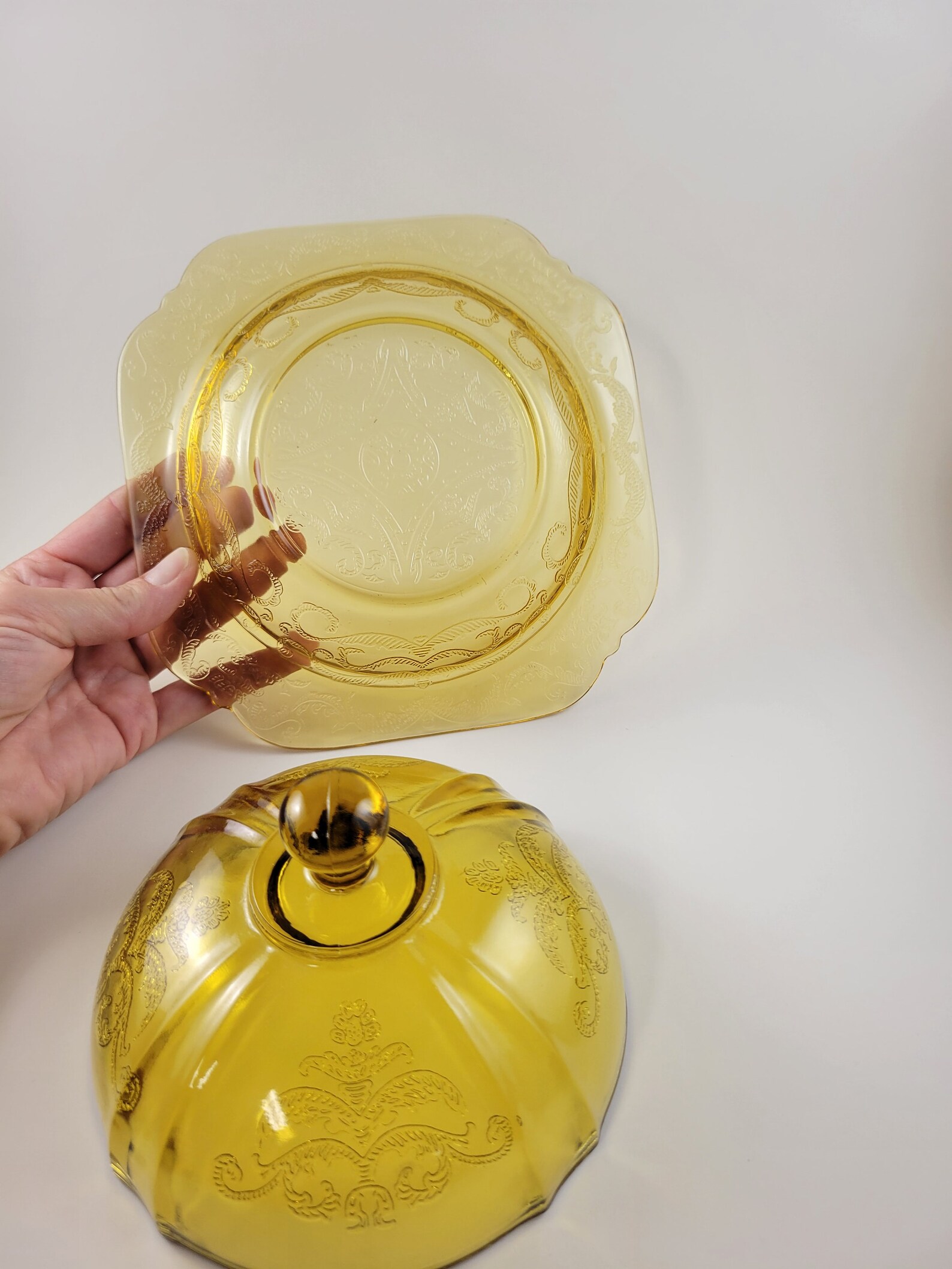 Vintage Amber Depression Glass Butter Dish, Madrid Pattern Glass ...