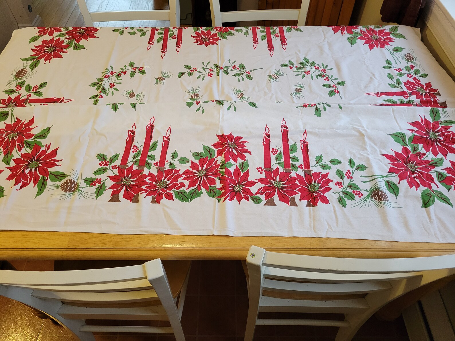 Vintage Christmas Tablecloth, 52x60, Poinsettia, Red Candles, Holly ...