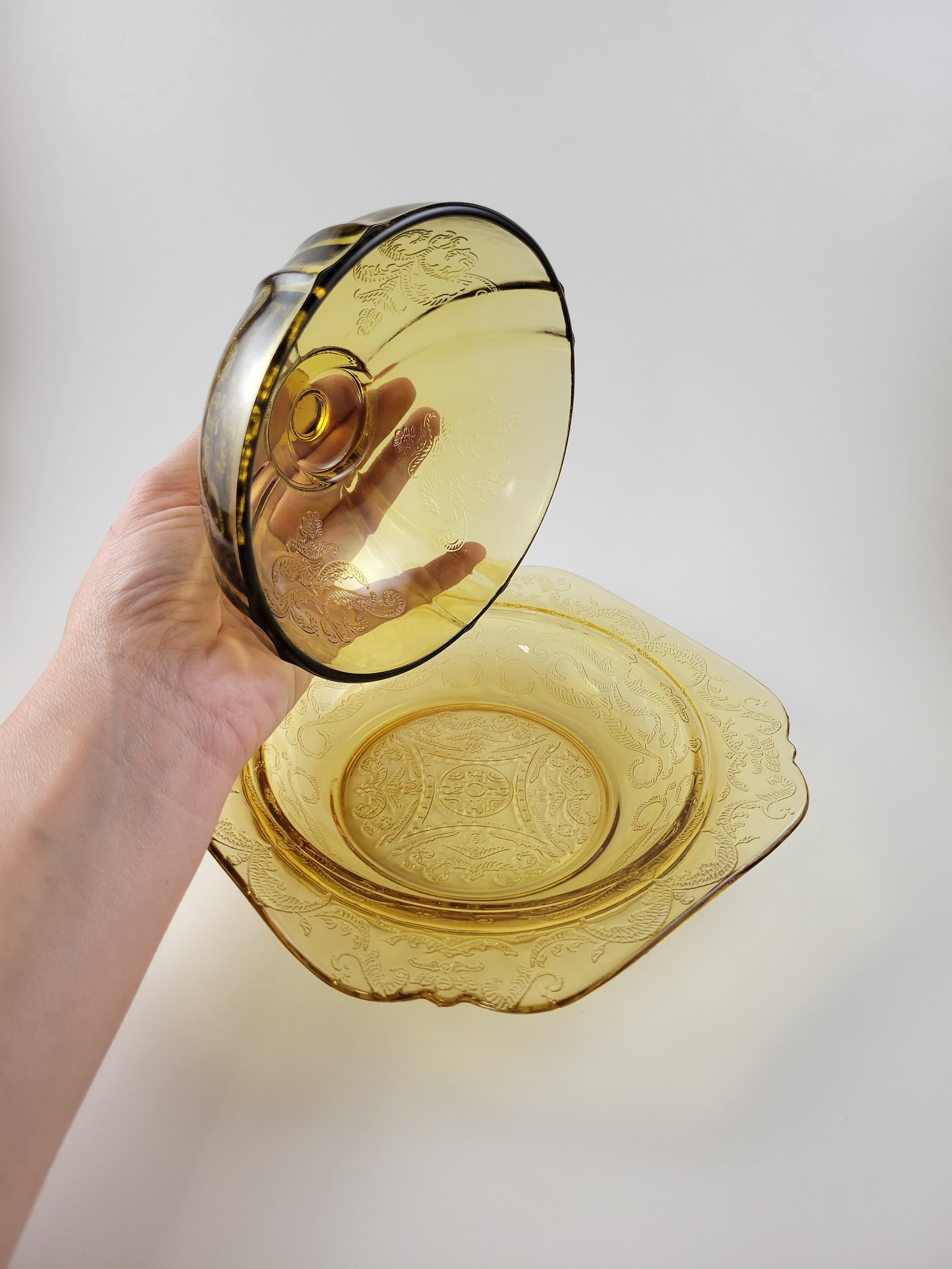 Vintage Amber Depression Glass Butter Dish, Madrid Pattern Glass ...