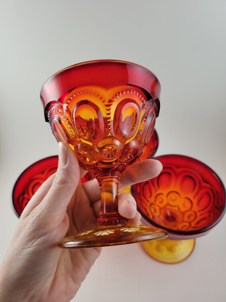 Vintage Amberina Moon and Stars Depression Glass Sherbert Glasses Set ...