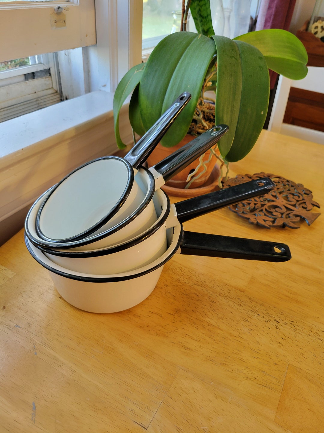 Vintage Black and White Enamelware Sauce Pans - Etsy
