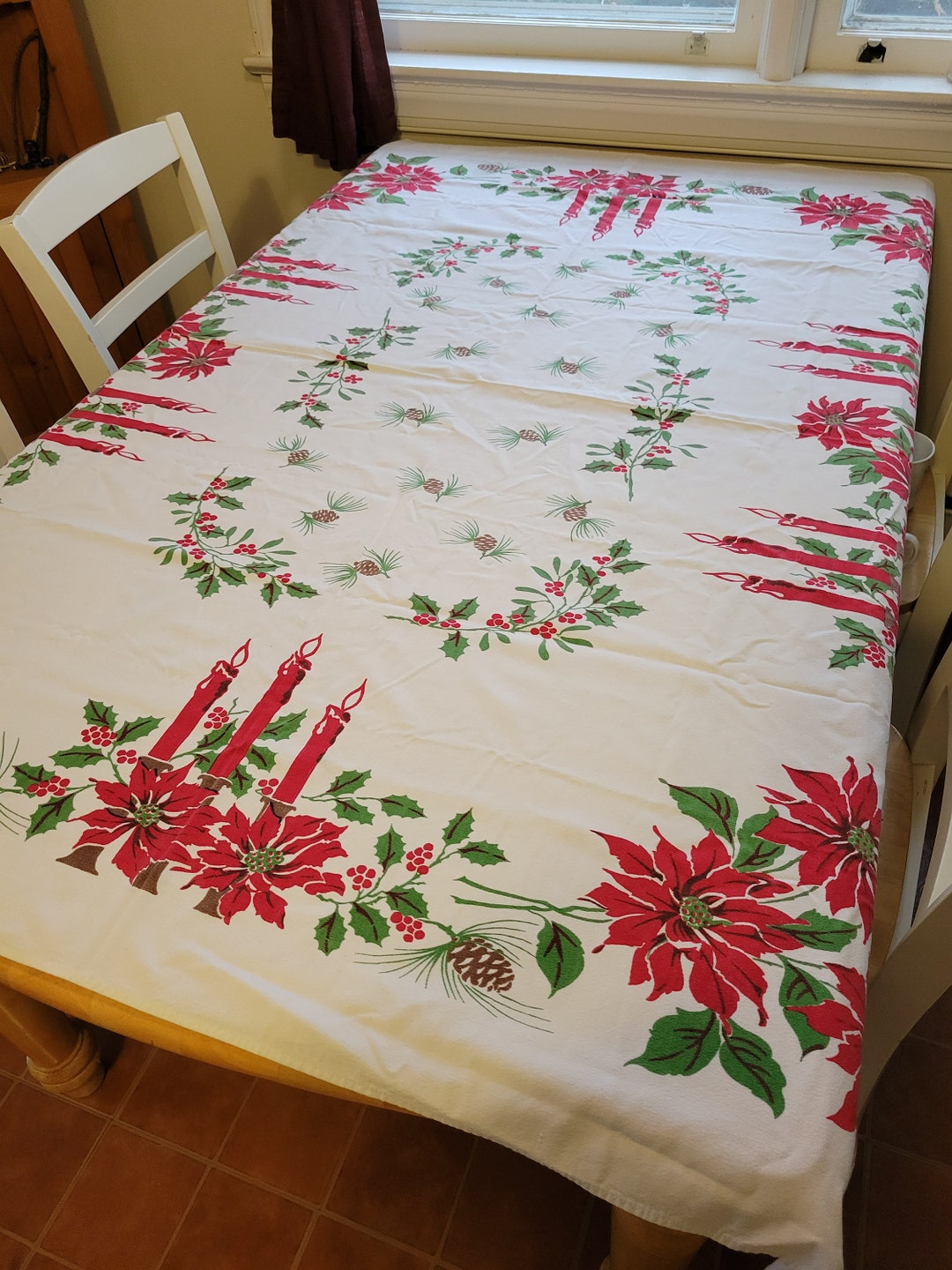 Vintage Christmas Tablecloth, 52x60, Poinsettia, Red Candles, Holly ...