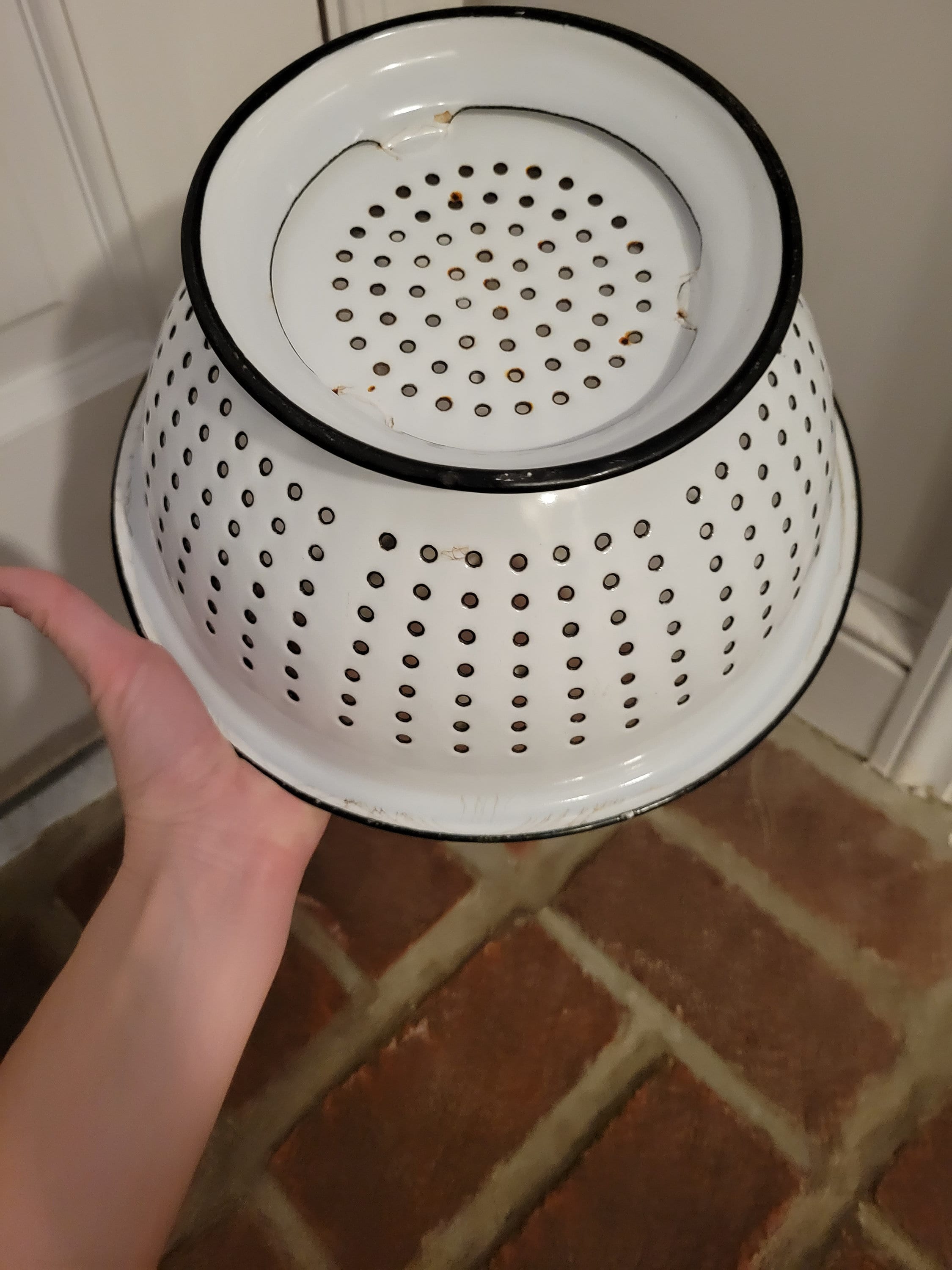 Vintage Enamelware Colander, White and Black Enamel Strainer - Etsy