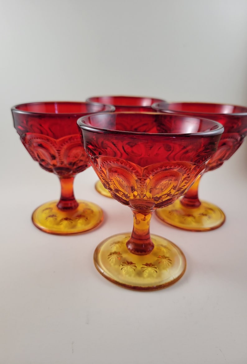 Vintage Amberina Moon and Stars Depression Glass Sherbert Glasses Set ...