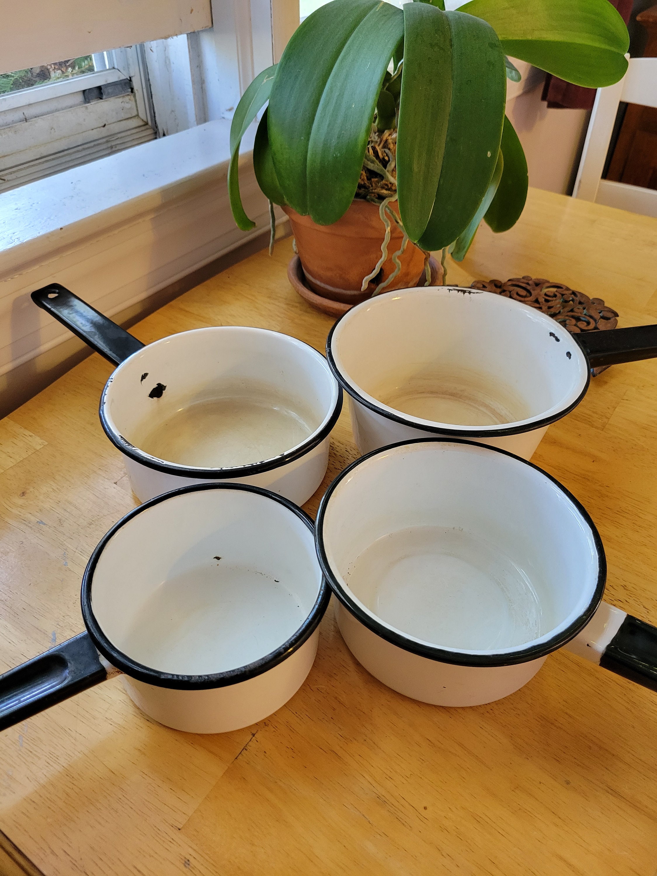 Vintage Black and White Enamelware Sauce Pans - Etsy