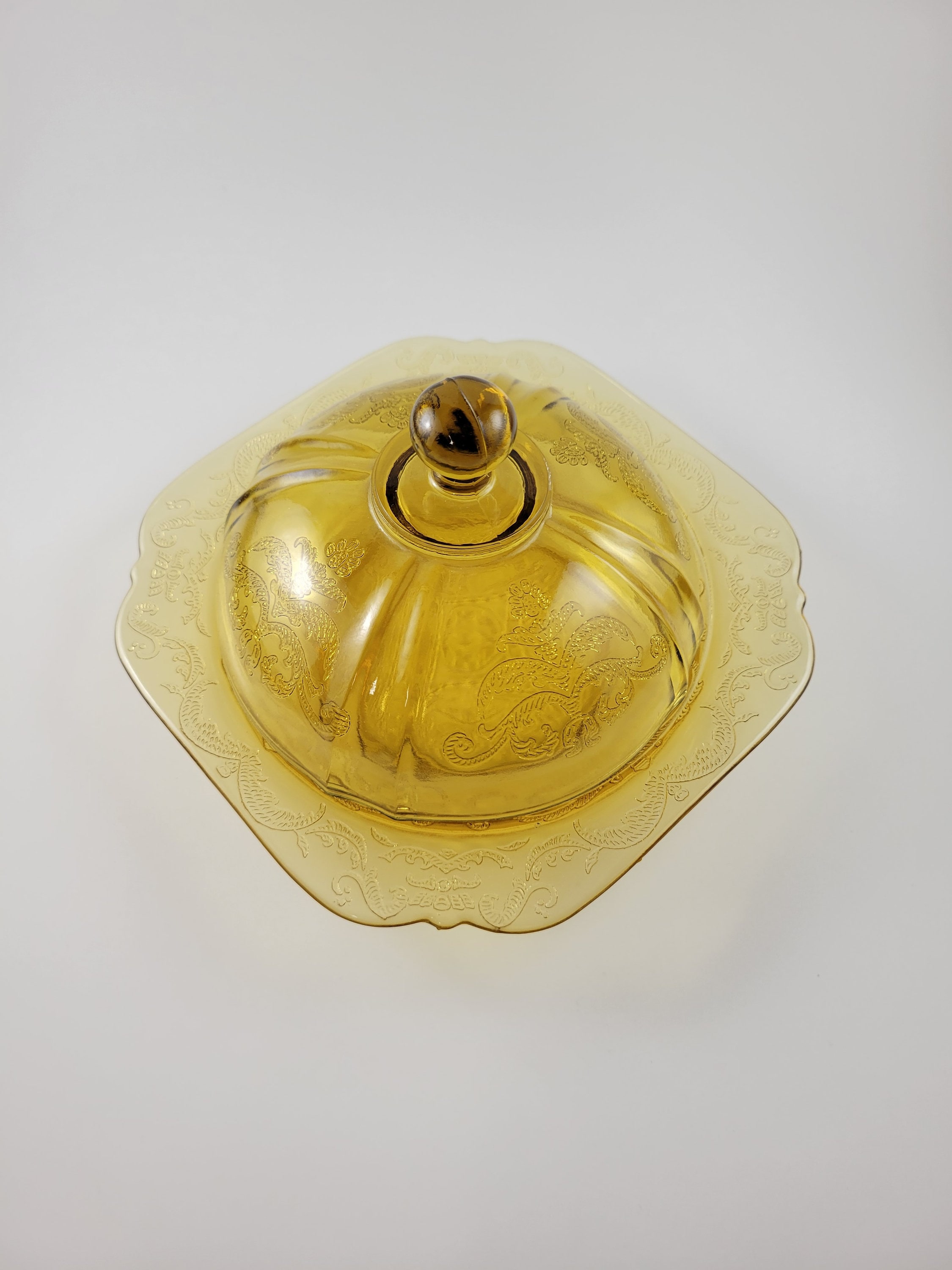 Vintage Amber Depression Glass Butter Dish, Madrid Pattern Glass ...