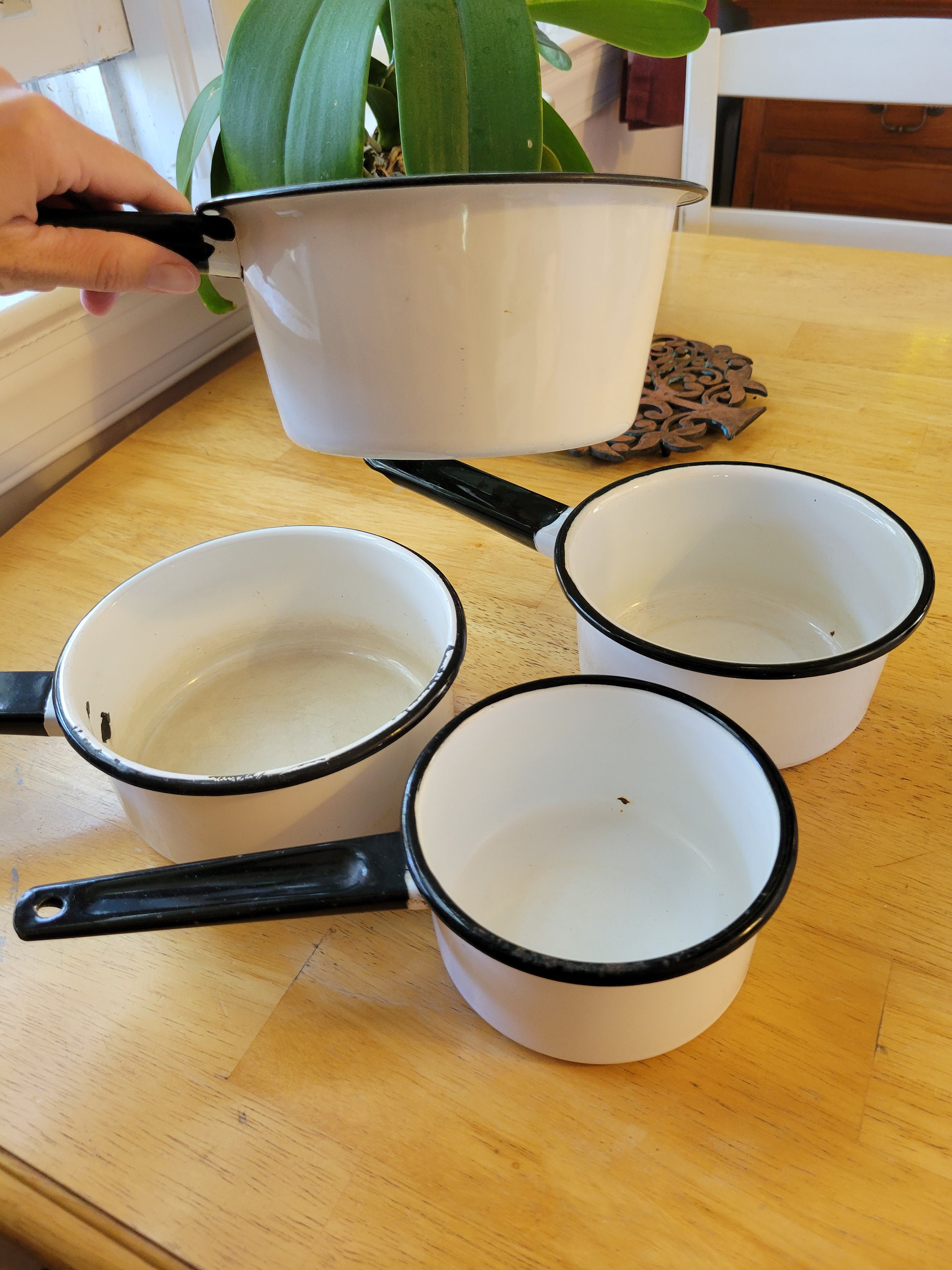Vintage Black and White Enamelware Sauce Pans - Etsy