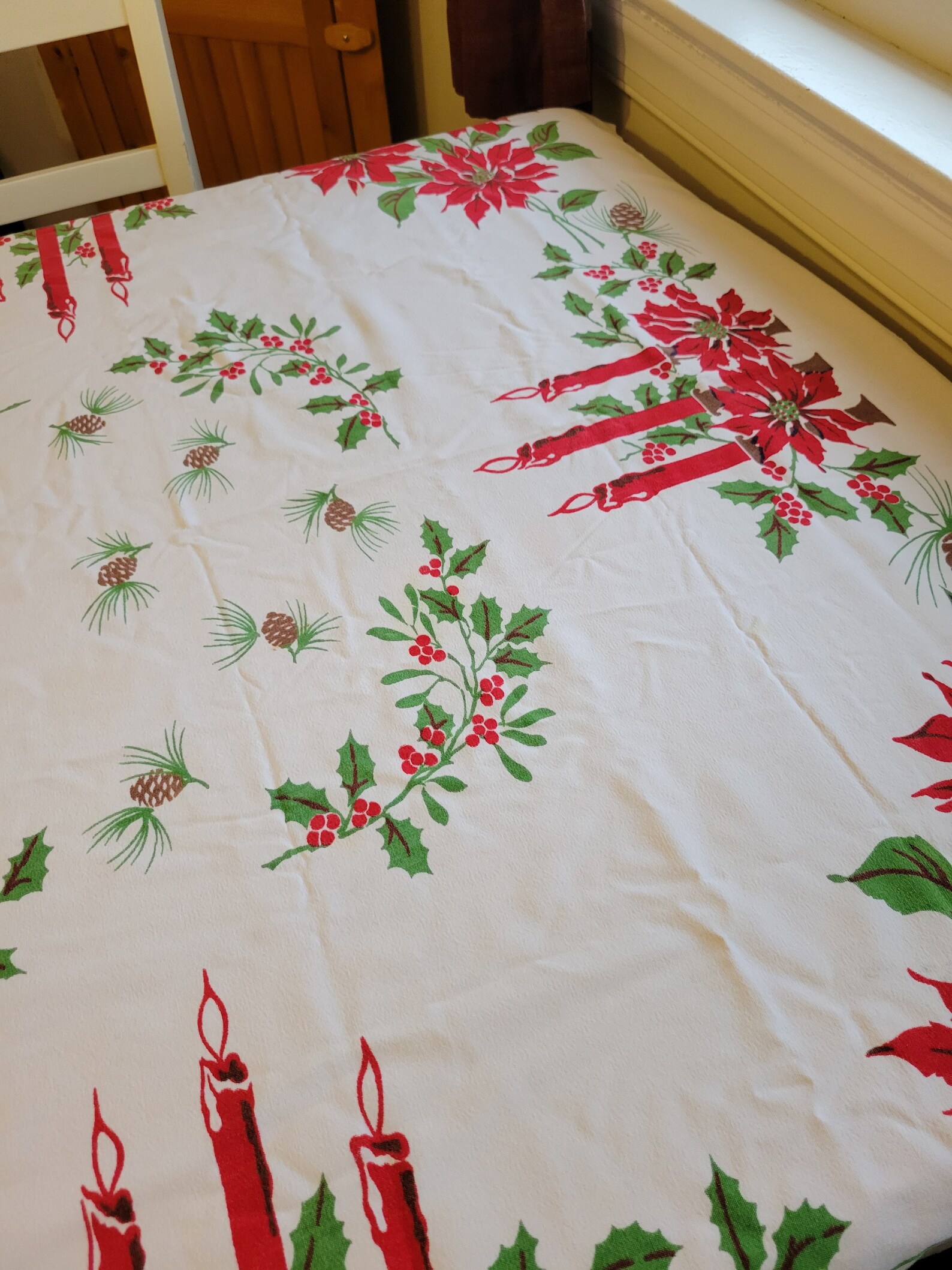 Vintage Christmas Tablecloth, 52x60, Poinsettia, Red Candles, Holly ...