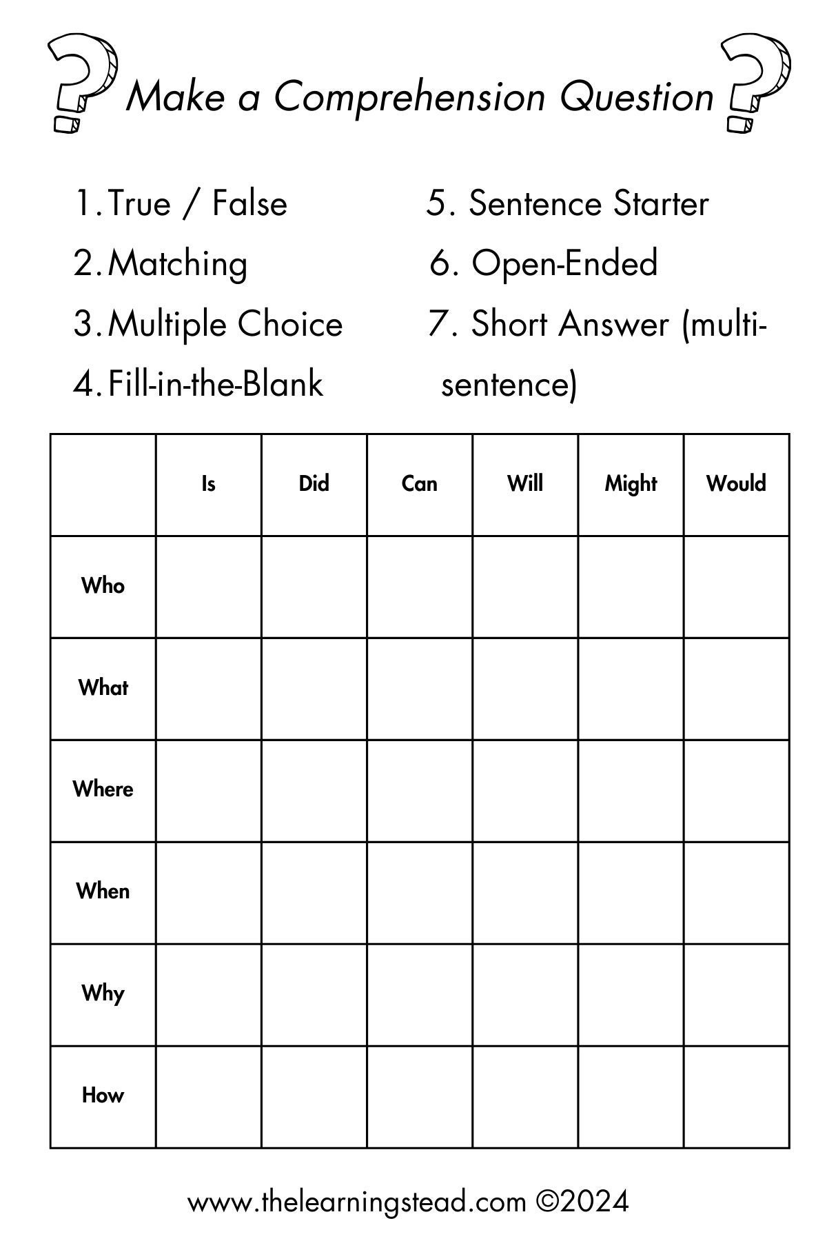 Question Chart Reading Comprehension Question Literacy Specialist ...
