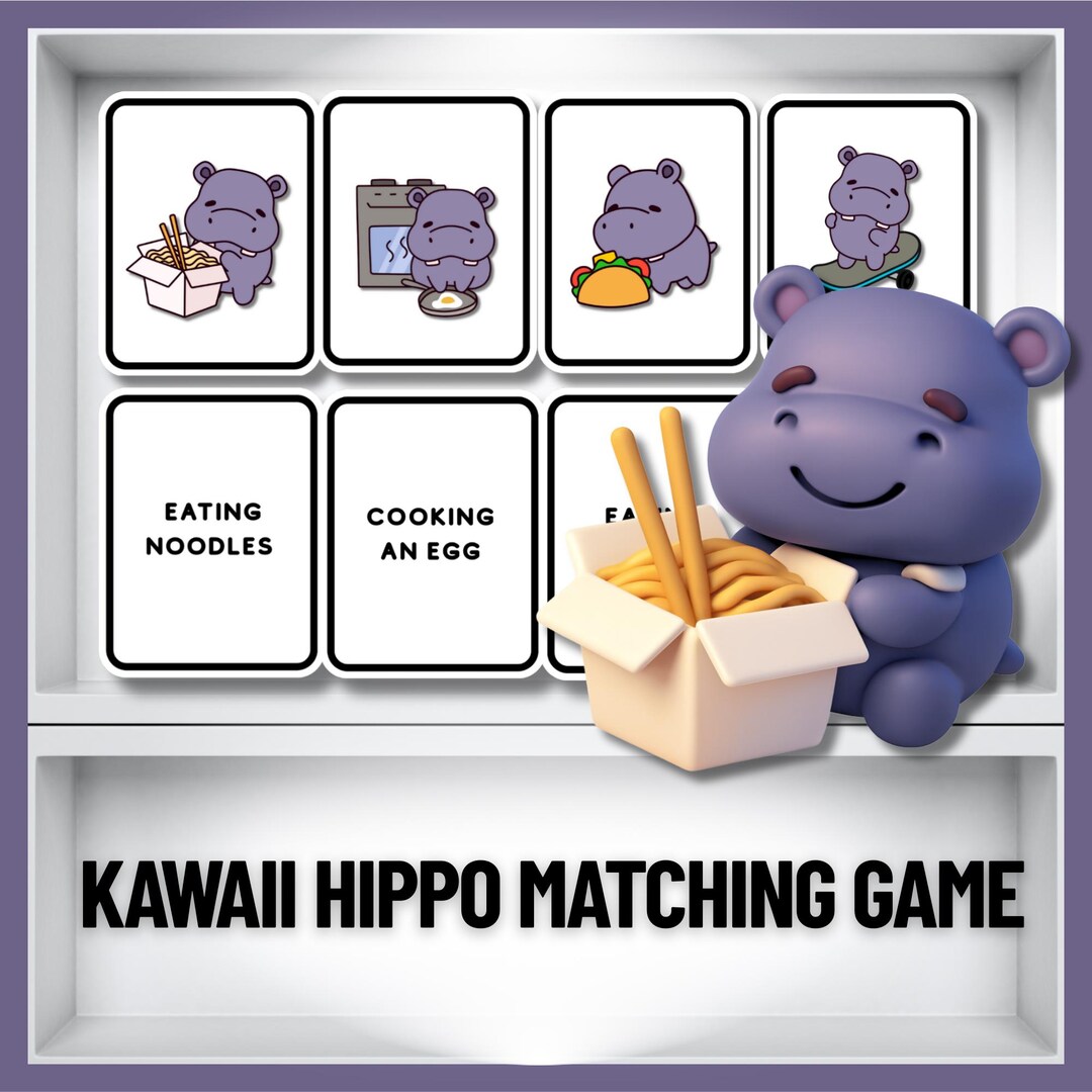 Matching Card Game Printable – Kawaii Hippo Early Learning Word Picture ...