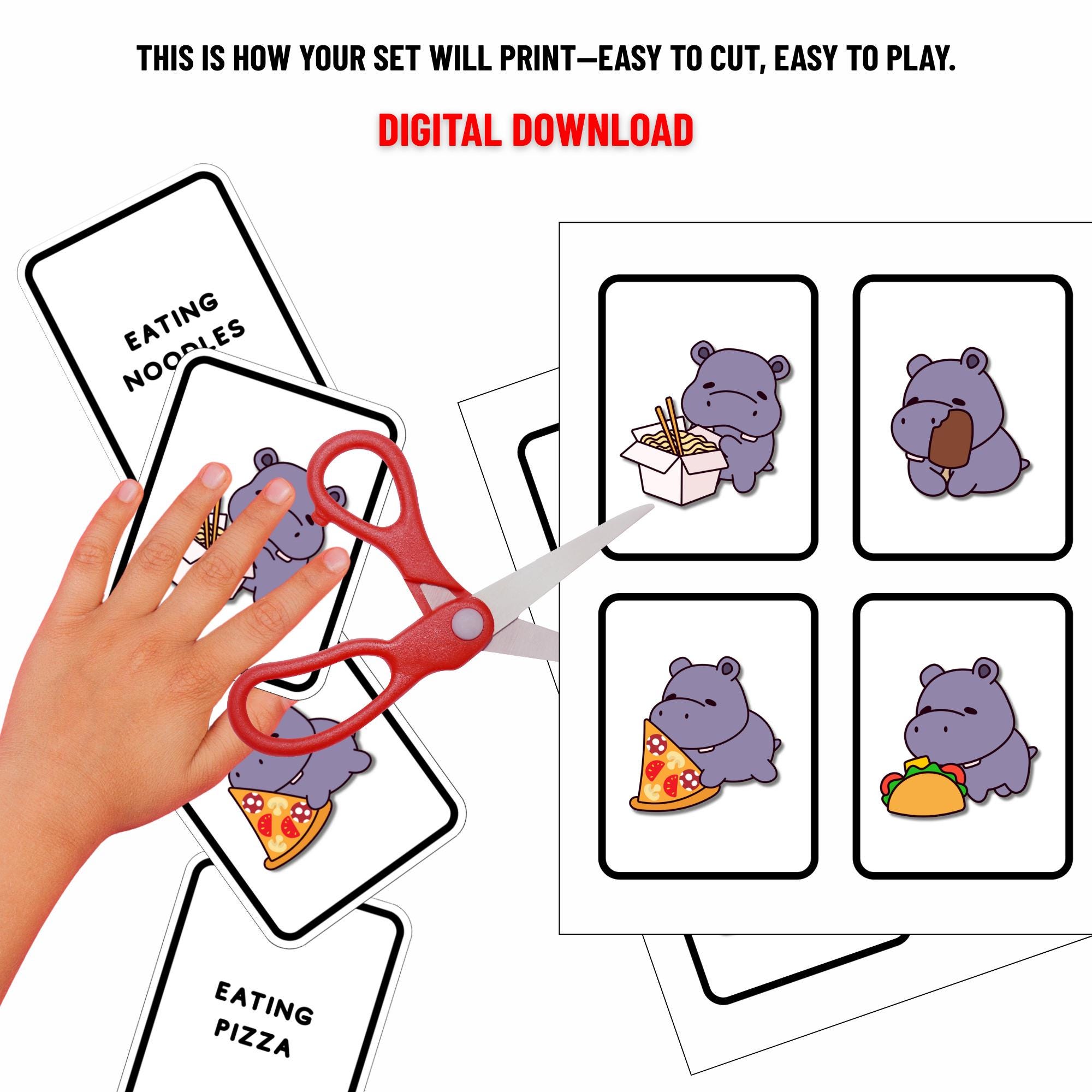 Matching Card Game Printable – Kawaii Hippo Early Learning Word Picture ...