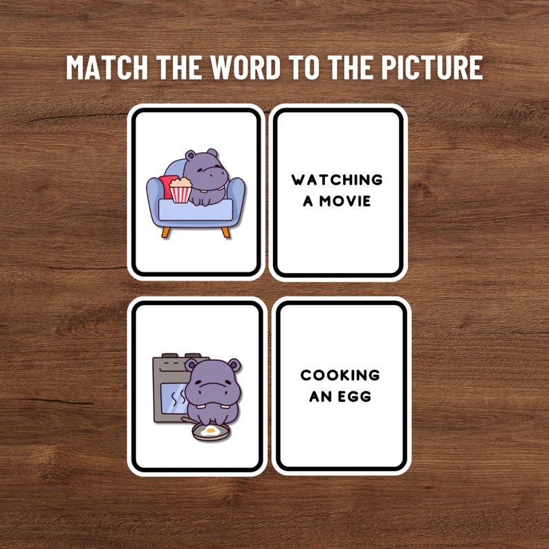 Matching Card Game Printable – Kawaii Hippo Early Learning Word Picture ...