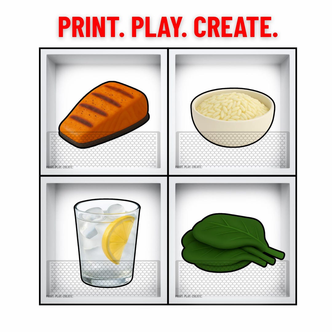 Printable Pretend Play Food Tray – Salmon, Rice, Spinach & Lemon Water ...