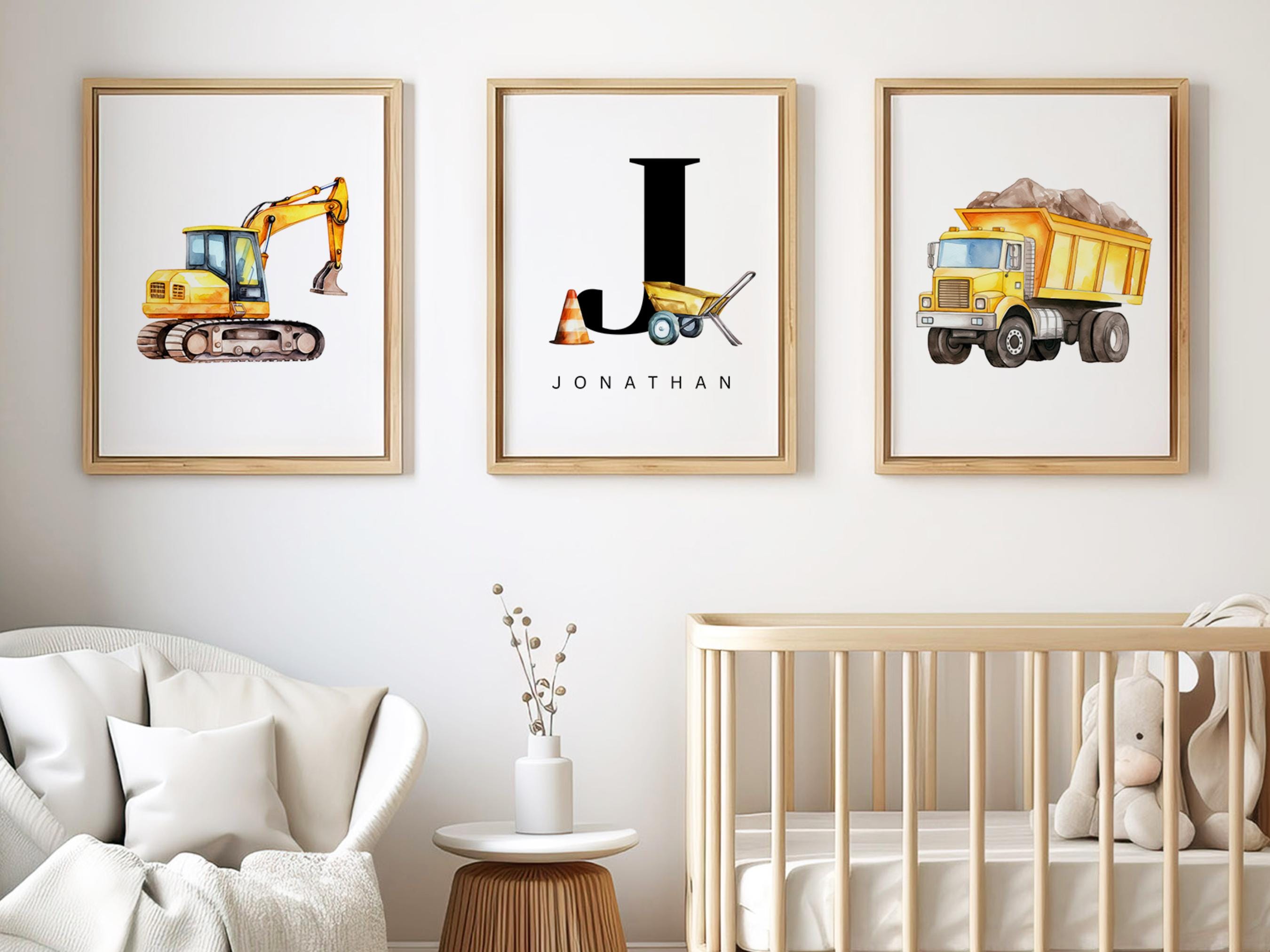 Set of 3 Construction Digger Truck Nursery Prints, Personalised Vehicle ...